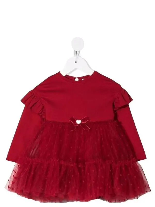 Monnalisa Long-sleeved Tulle Panel Dress - Red