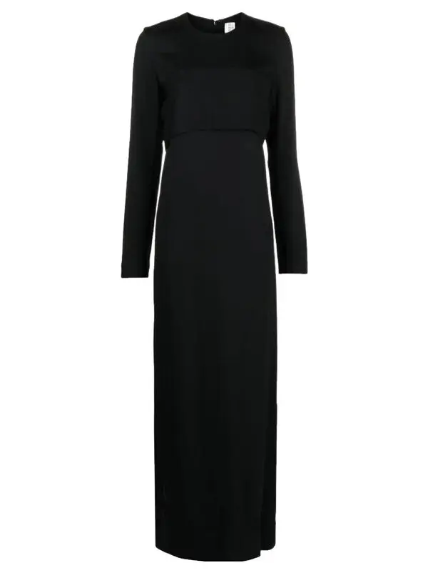 TOTEME Draped Crepe Maxi Dress With Round Neck And Long Sleeves - Black
