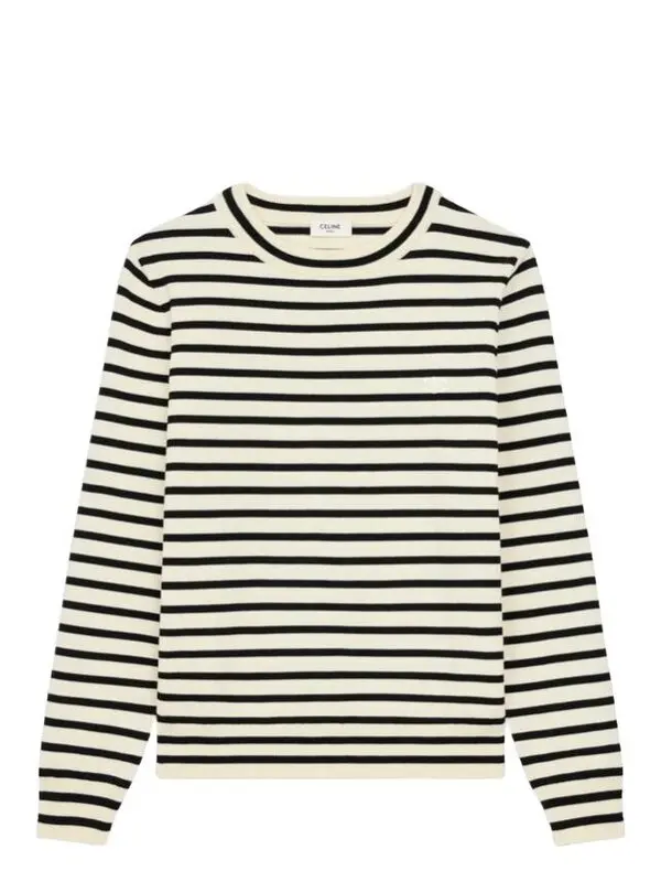 Celine Triomphe Crew Neck Marinère Sweater In Wool - Natural Color/black
