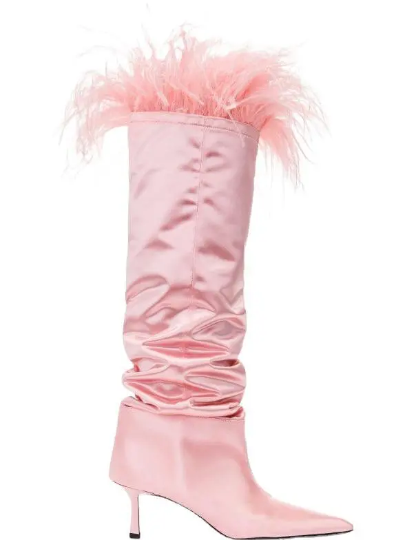 Alexander Wang Viola Feather-trimmed Pointed-toe Knee-high Boots - Pink