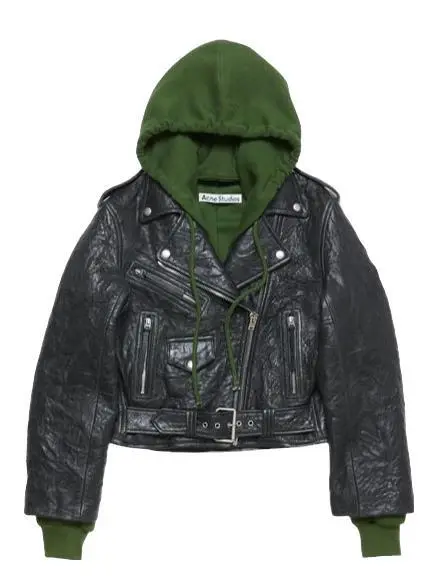 Acne Studios Layered Hood Leather Biker Jacket - Black