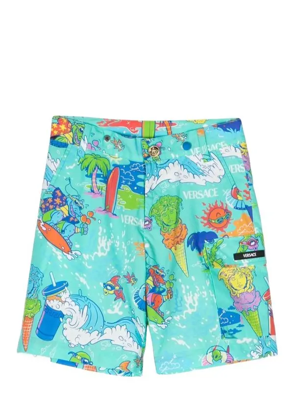 Versace Graphic Print Cotton Shorts - Green