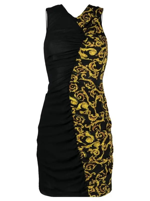 Versace Asymmetrical V-neck Mini Dress With Baroque Print And Ruched Detailing - Black