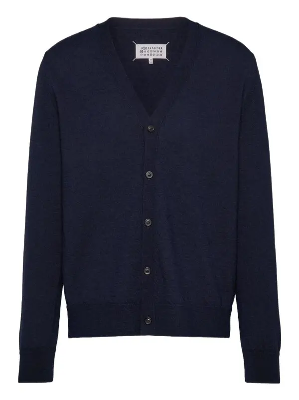 MAISON MARGIELA V-neck Wool Cardigan With Leather Elbow Patches - Dark Blue