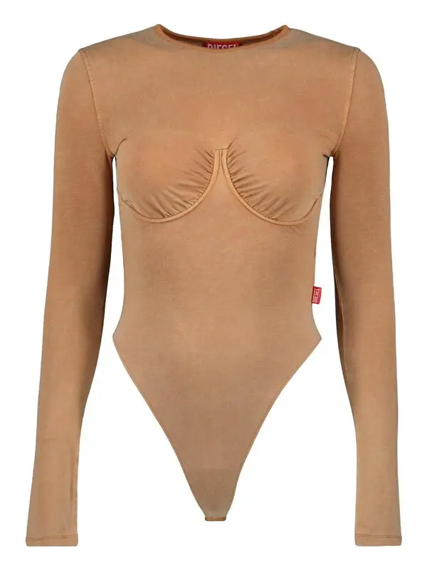 DIESEL® Ruched Long-sleeved Bodysuit With Steel Ring Detail - Barley