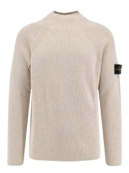 Stone Island Ribbed Mock Neck Long Sleeve Jumper - Ivory
