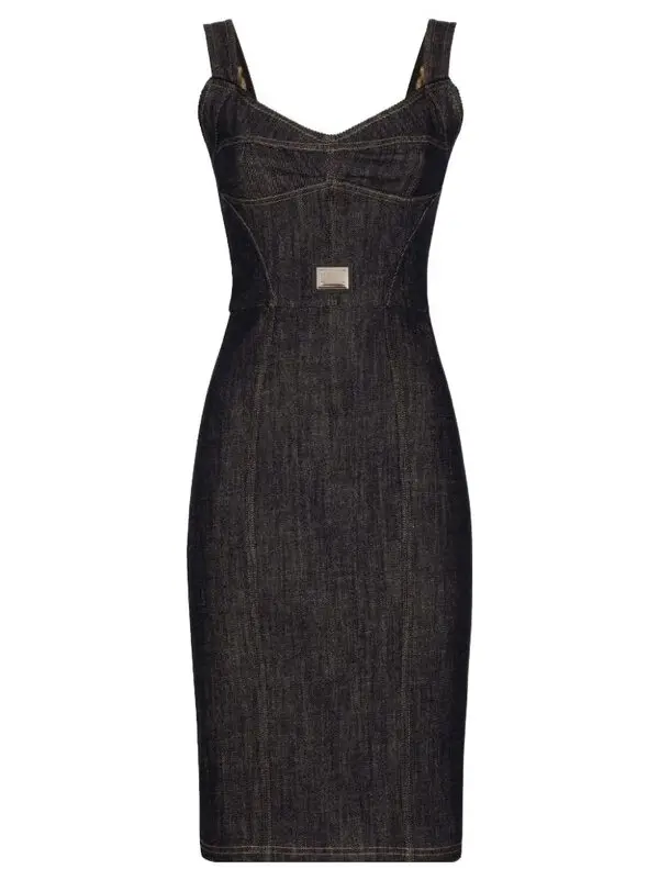 Dolce & Gabbana Sleeveless Midi Denim Dress With Logo Plaque - Black