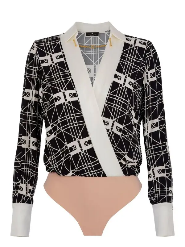 Elisabetta Franchi Allover Logo Printed V-neck Bodysuit - Black