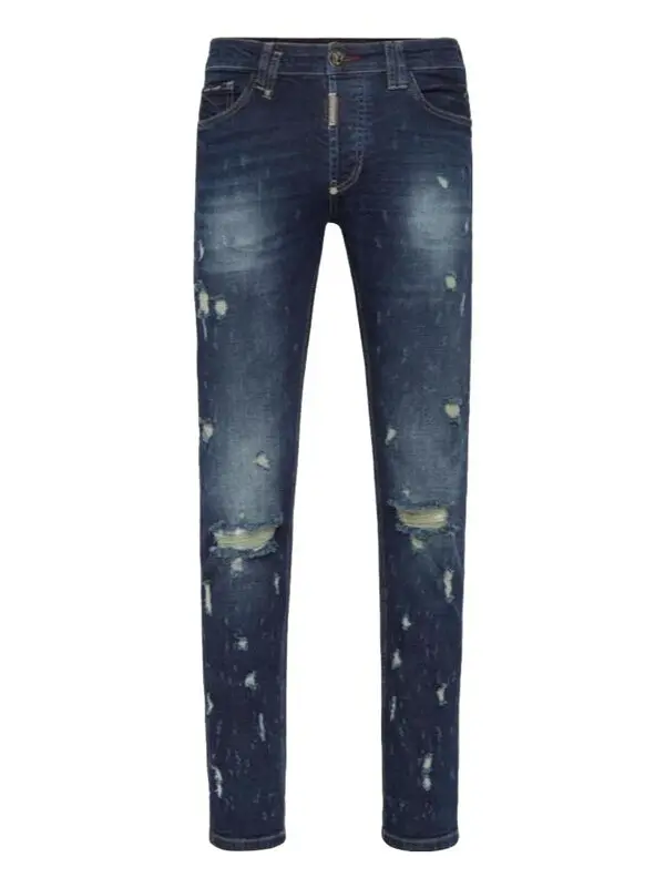 Philipp Plein Distressed Logo Detail Jeans - Blue