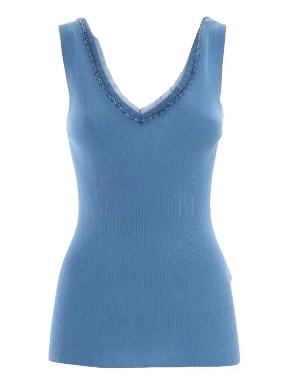 P.a.r.o.s.h Embellished V-neck Ribbed Tank Top - Blue