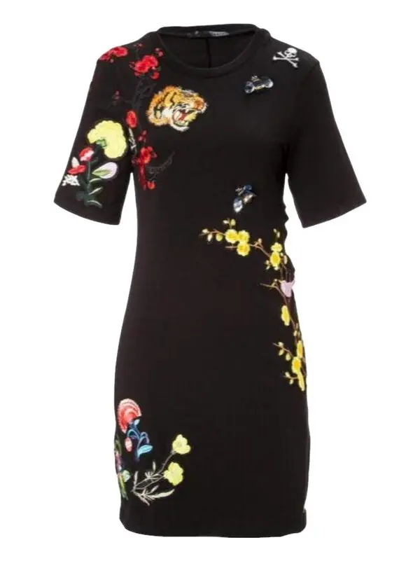 Philipp Plein Embroidered Tiger And Floral T-shirt Dress - Black