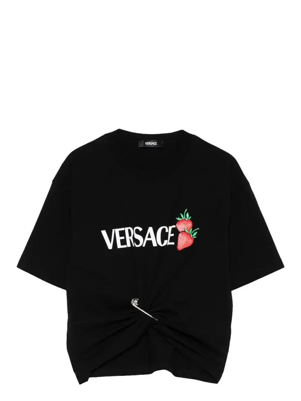 Versace Strawberry Motif Safety Pin Detailed T-shirt - Black