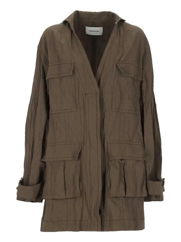 FERRAGAMO Belted Pocket Detailed Long Sleeve Coat - Brown
