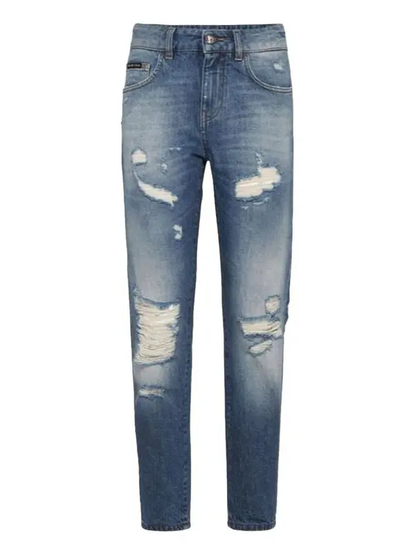 Philipp Plein Distressed Logo Detail Jeans - Blue