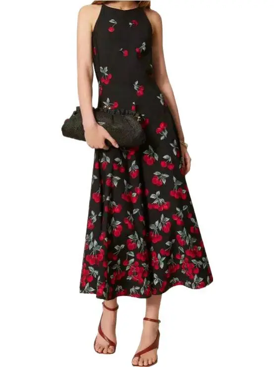 TWINSET Cherry Print Halterneck Flared Midi Dress - Black
