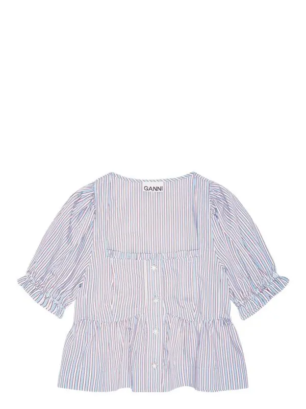 GANNI Candy Striped Puff Sleeve Blouse - Soft Chambray
