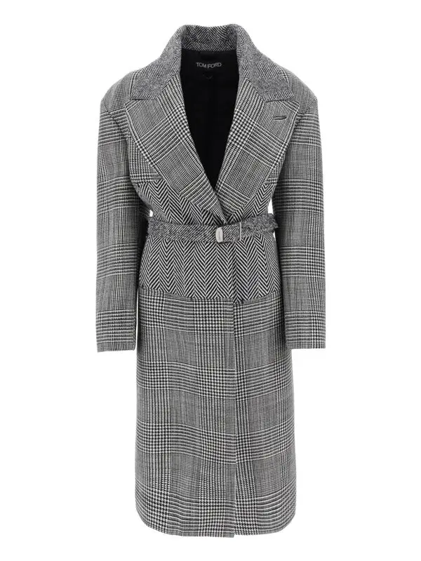 TOM FORD Houndstooth Pattern Belted Coat - Gray