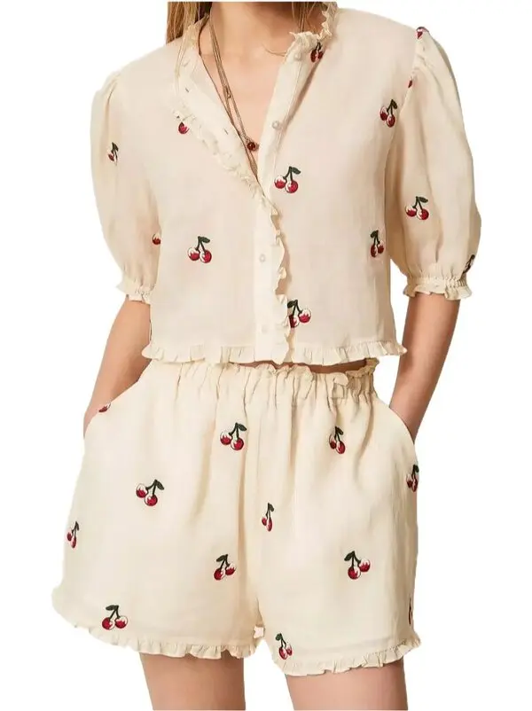 TWINSET Cherry Embroidered Shorts - Nude