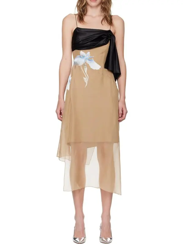 Givenchy Sling Dress With Stitched Design And Floral Motif - Camel