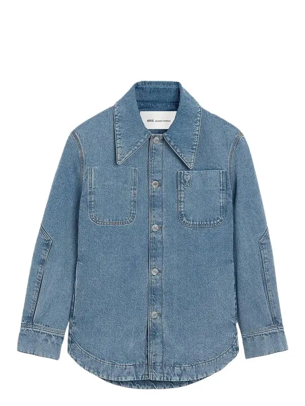 Ami Logo Detailed Denim Overshirt - Blue