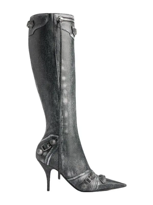 Balenciaga Pointed-toe Denim Boots With Studs And Buckles - No