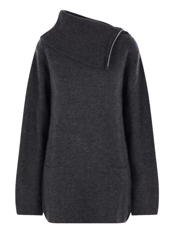 Yohji Yamamoto High Neck Ribbed Jumper With Zip Detail - Grey