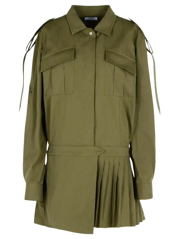 Off-White Button Detailed Pleated Mini Dress - Green