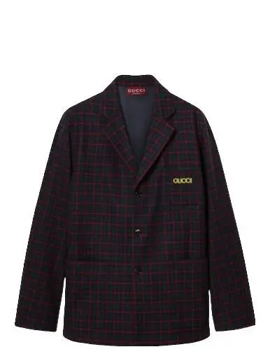 Gucci Embroidered Check Wool Flannel Jacket - Dark Blue And Red