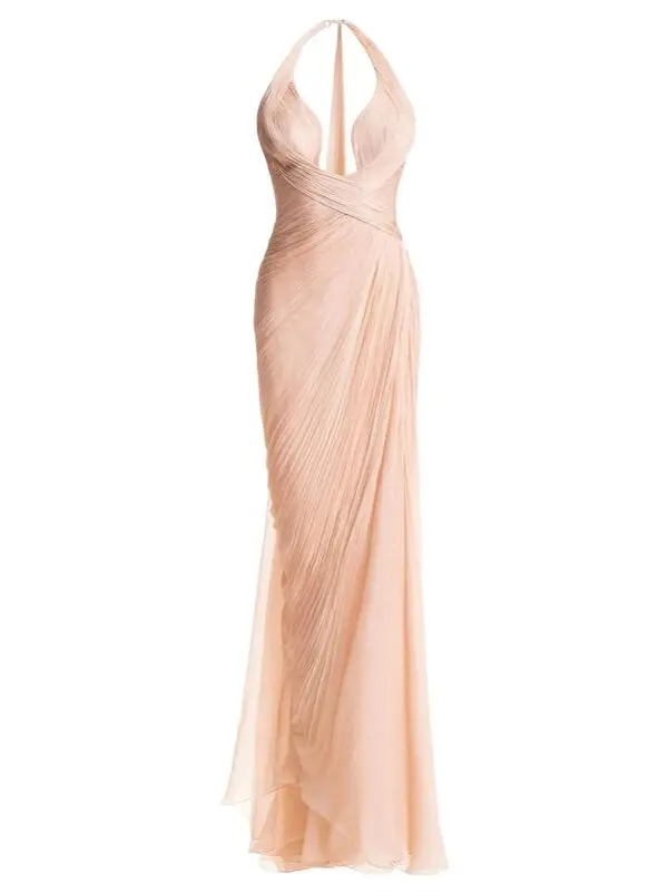 MARIA LUCIA HOHAN Floral Draped Halterneck Maxi Dress - Nude