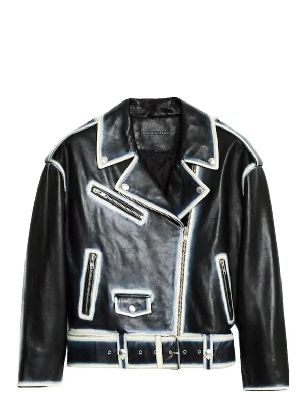 STAND STUDIO Lapel Long-sleeved Leather Jacket - Black