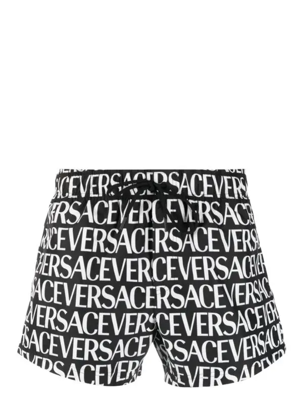 Versace Logo Printed Drawstring Swim Shorts - Black