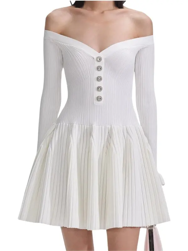 SELF-PORTRAIT Off-the-shoulder Ribbed Dress With Trumpet Cuffs And Imitation Diamond Buttons - White