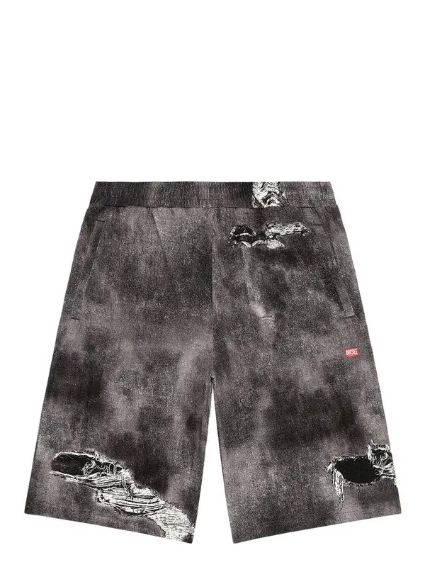 DIESEL® Distressed Printed Drawstring Shorts - Black