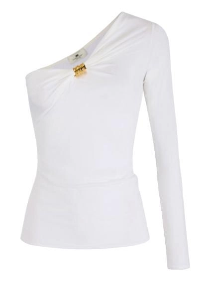 Elisabetta Franchi Draped One-shoulder Top With Embellished Clasp - Ivory