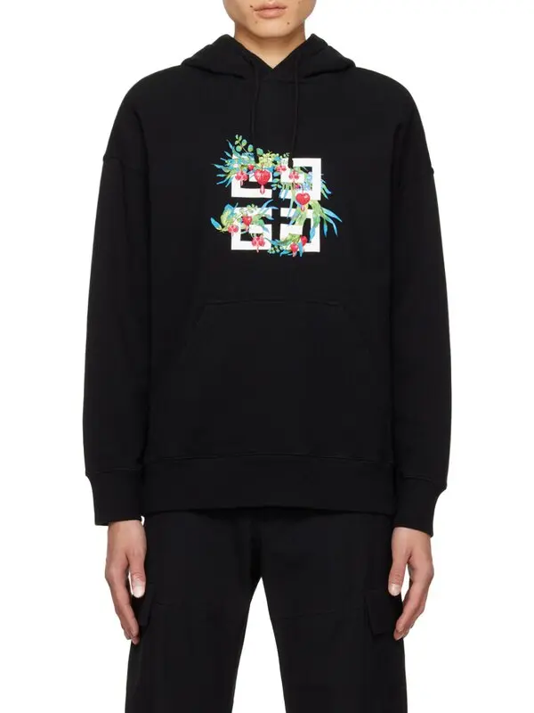 Givenchy 4g Floral Printed Drawstring Hoodie - Black