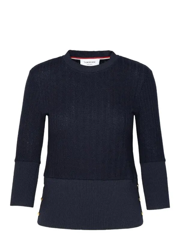 Thom Browne Crewneck Jumper With Ribbed Trim And Herringbone Knit - Navy Blue