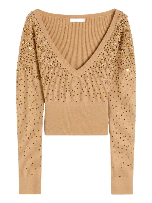 Max Mara Embellished V-neck Sweater - Camel