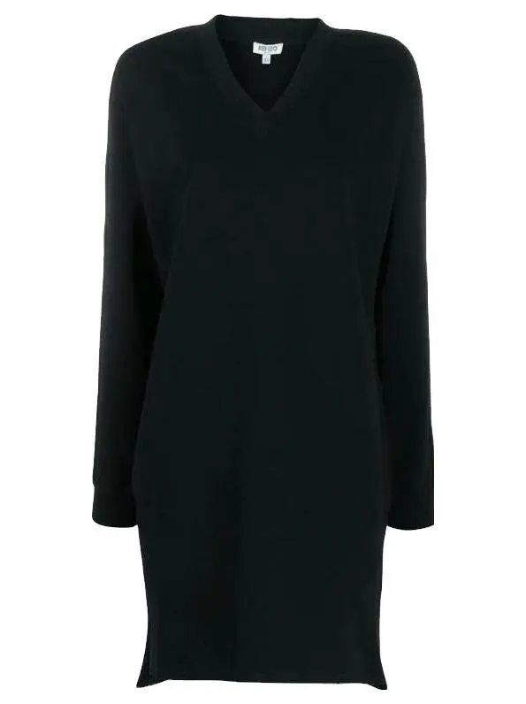 Kenzo Shiny Logo V-neck Long Sleeve Dress - Black
