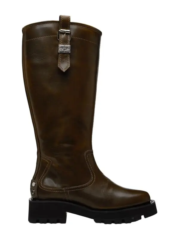 GANNI Round-toe High Boots With Buckle And Zipper Detail - Olive Green