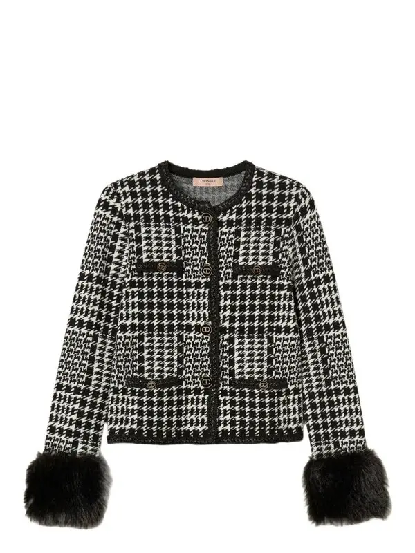 TWINSET Houndstooth Trimmed Jacket With Fur Cuffs - Black