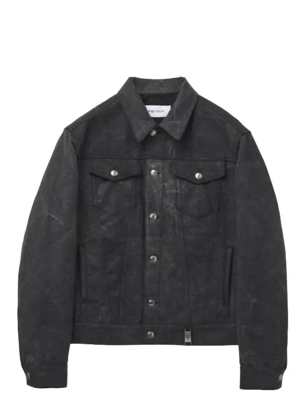 Alexander McQueen Buttoned Trucker Denim Jacket With Metal Skull Logo - Charcoal-grey
