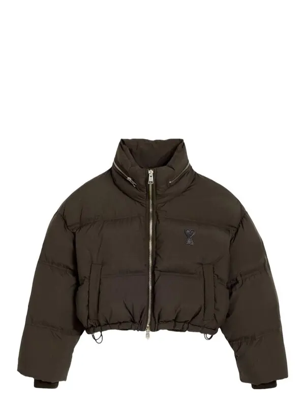 Ami Zipped Puffer Jacket With Invisible Hood And Leather Patch - Dark Brown