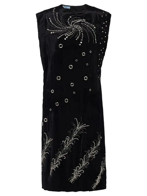 Prada Sleeveless Embroidered Velvet Dress With Metal Studs - Black