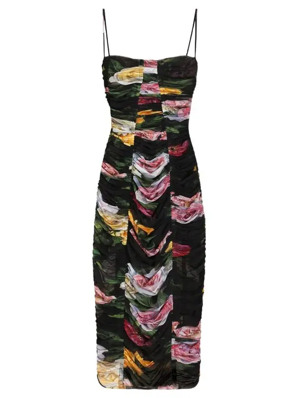 Dolce & Gabbana Floral Print Ruched Tulle Midi Slip Dress - Multi-color