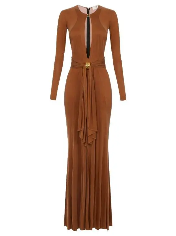 Elisabetta Franchi Pleated Belted Maxi Dress - Cuir