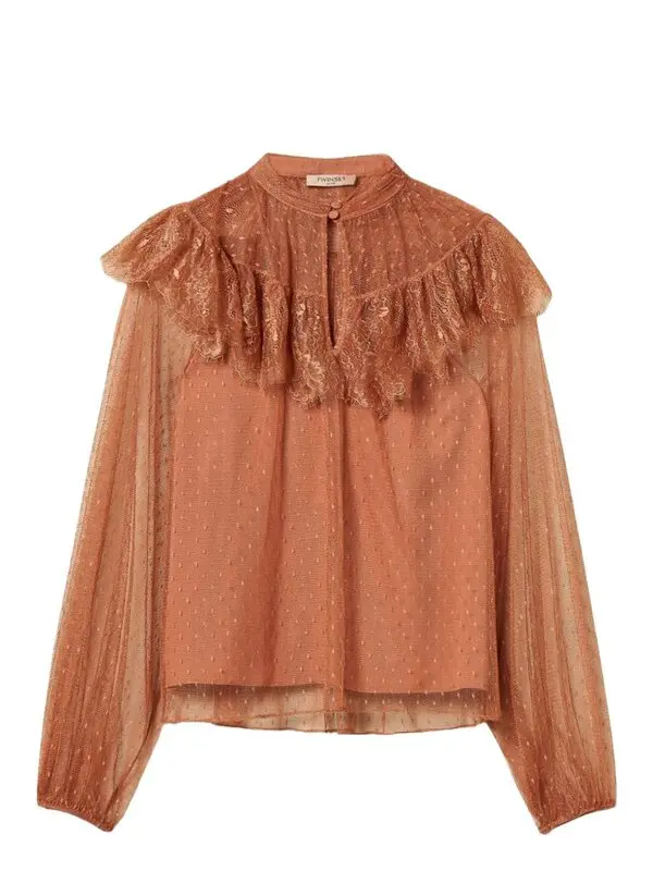 TWINSET Plumetis Laced Tulle Blouse - Brown