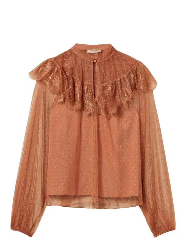TWINSET Plumetis Laced Tulle Blouse - Brown