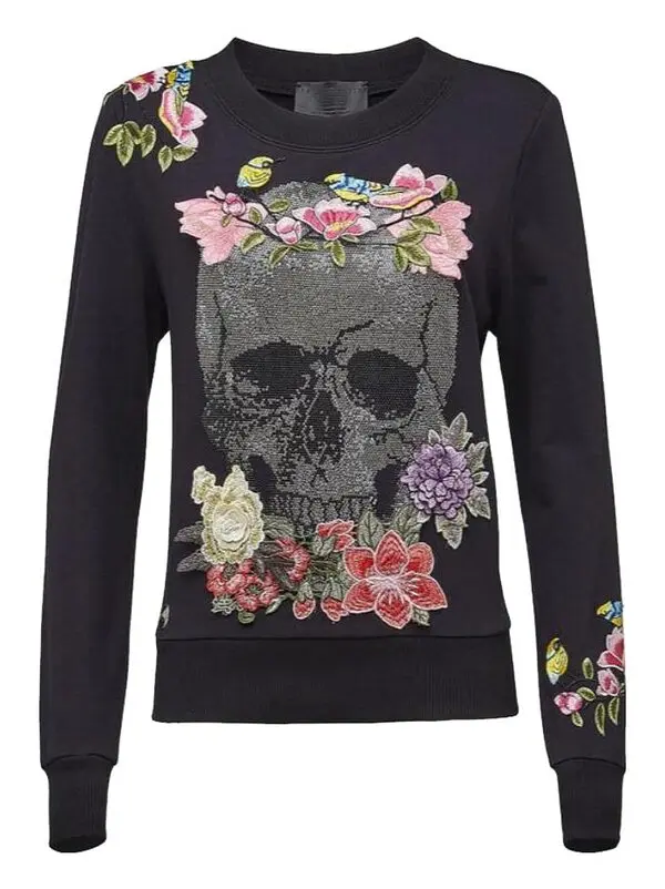 Philipp Plein Embellished Skull And Floral Round Neck Sweatshirt - Black