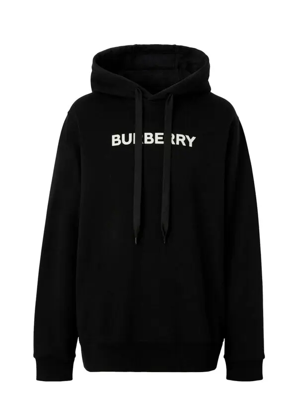Burberry Logo Printed Drawstring Hoodie - Black