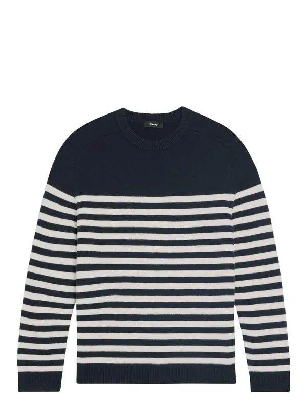 Theory Striped Crewneck Knit Sweater With Raglan Sleeves - Dark Navy Blue/ivory